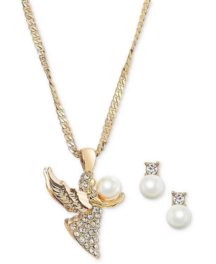 Holiday Lane Gold-Tone Pavé & Imitation Pearl Angel Pendant Necklace ...