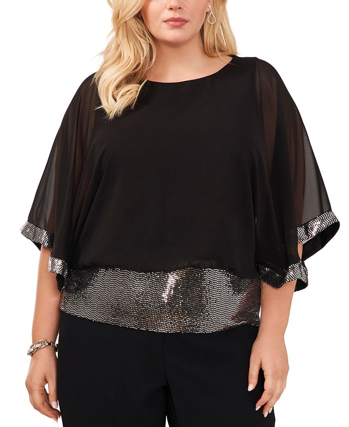 MSK Plus Size Crewneck Blouson Sequin-Banded-Hem Top - Macy's