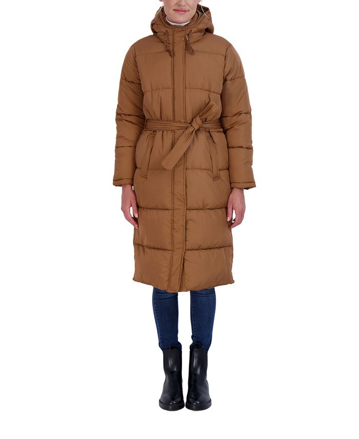 Sebby Collection Women's Long Puffer Jacket with Hood and Belt - Macy's