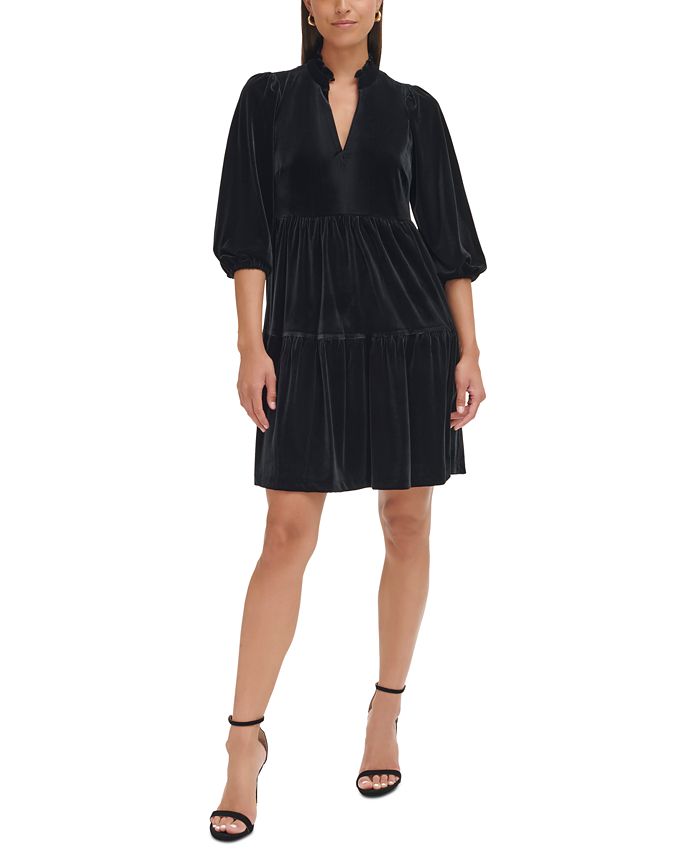 Vince Camuto Women's Velvet Puff-Sleeve Tiered Dress - Macy's