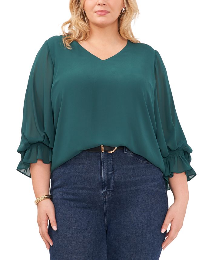 Vince Camuto Plus Size Blouson-Sleeve V-Neck Blouse - Macy's