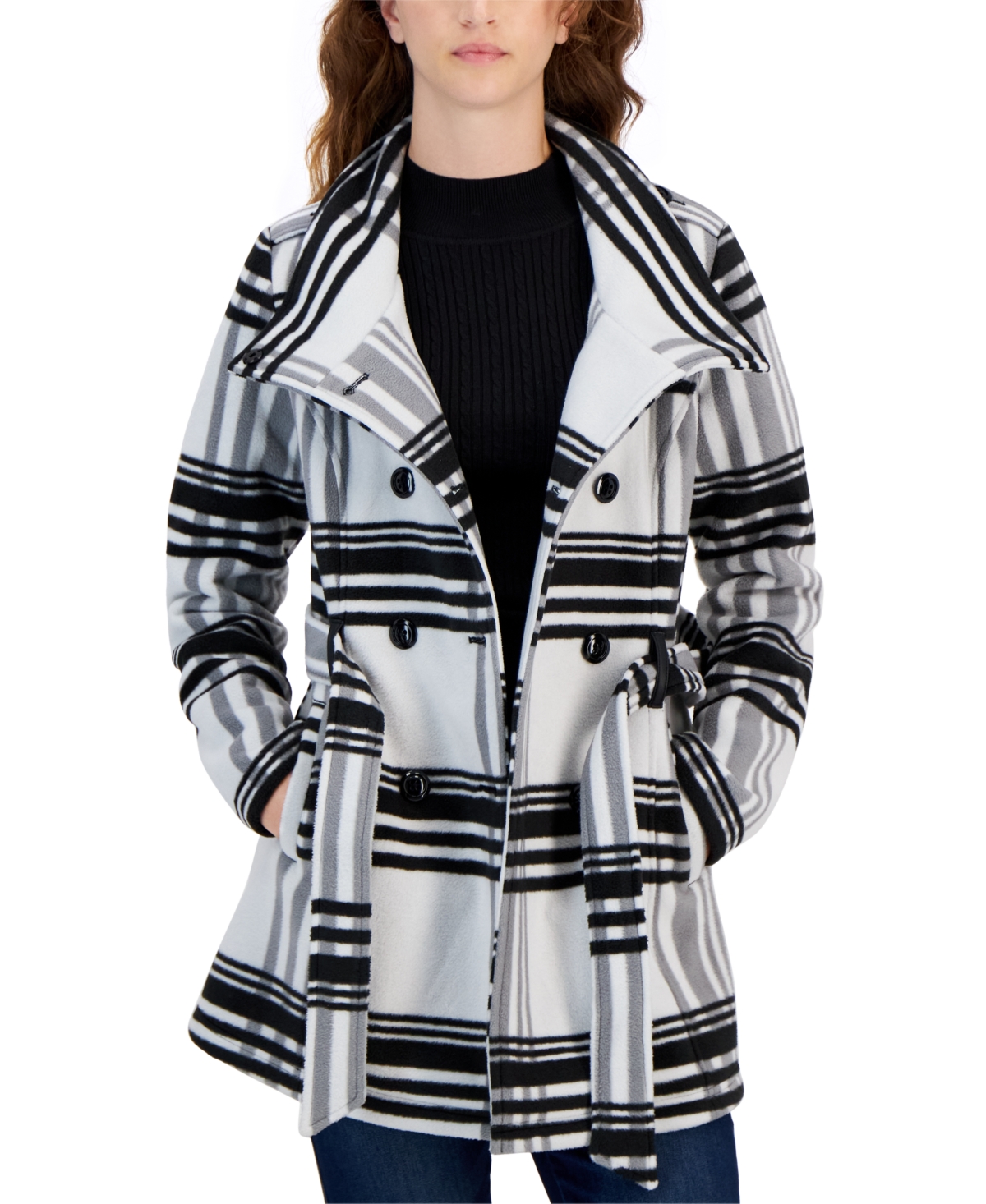 Bcx Juniors' Belted Double-breasted Micro Fleece Trench Coat In Black,white | ModeSens