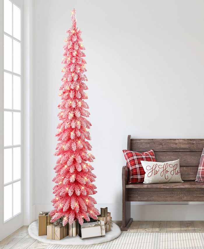 Puleo 7' Pre-Lit Flocked Artificial Alpine Pencil Tree - Macy's