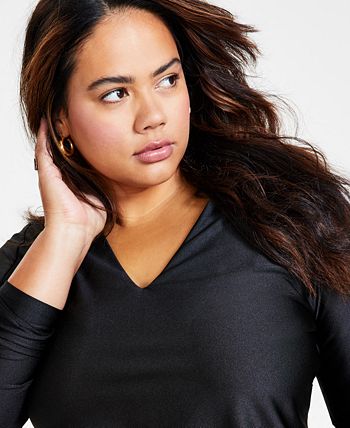Bar III Plus Size V-Neck Long-Sleeve Shine Knit Top, Created for Macy's ...