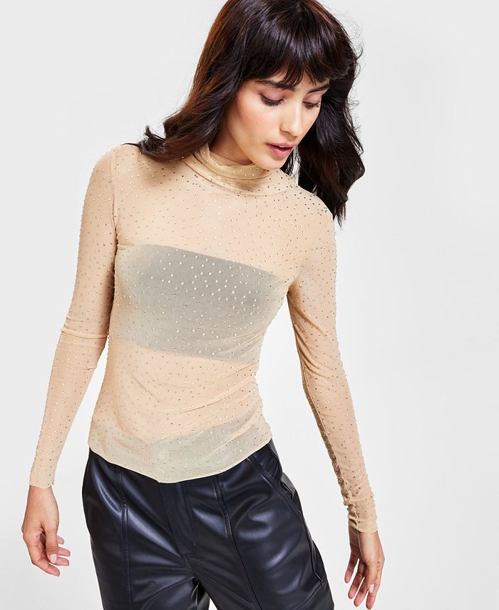 Bar III Women's Sheer Mock-Neck Rhinestone Top, Created for Macy's - Macy's