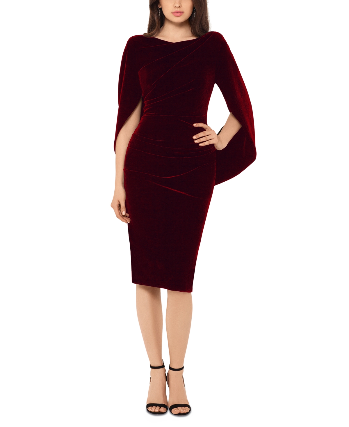 Click here for Betsy & Adam Petite Velvet Cape-Sleeve Drape-Back... prices