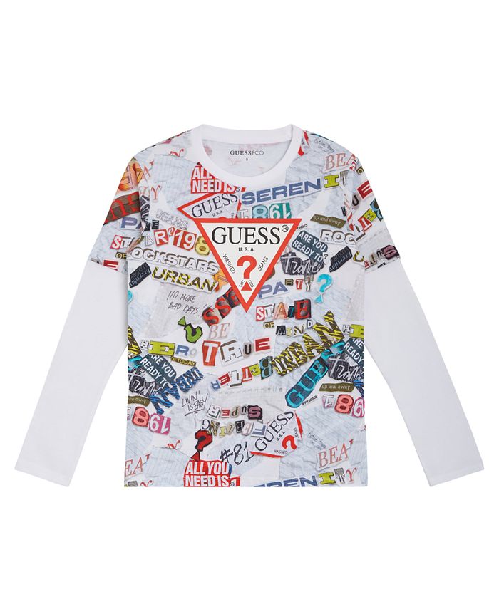 GUESS Big Boys Cotton Jersey All Over Print Triangle Logo Long Sleeve T ...