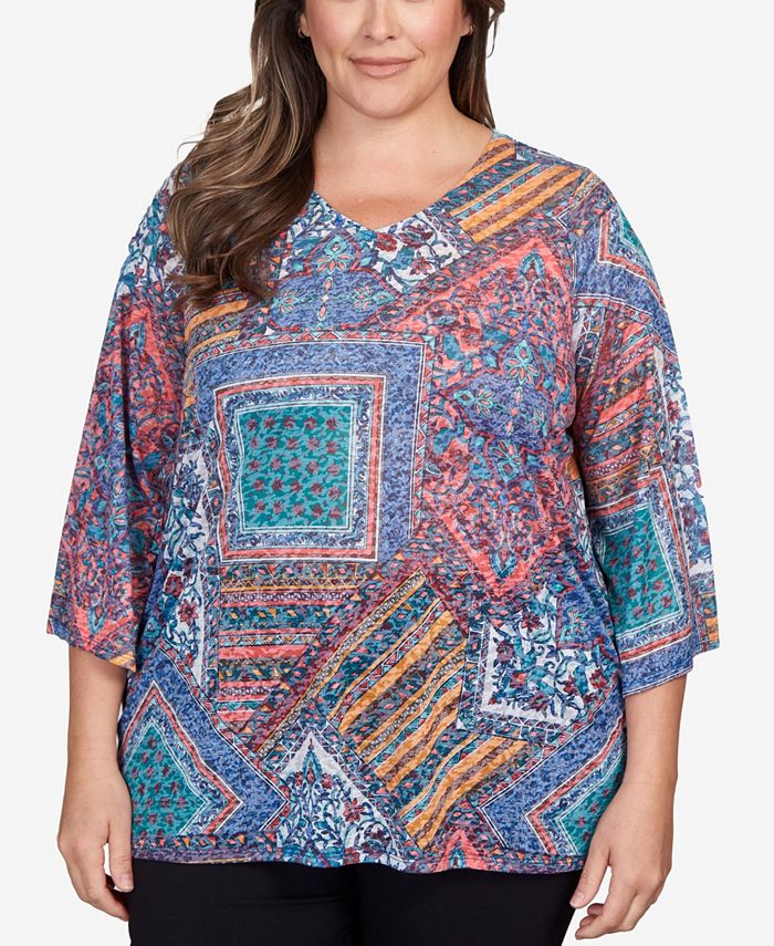 Ruby Rd. Plus Size Burnout Sublimation Patchwork Print Top - Macy's