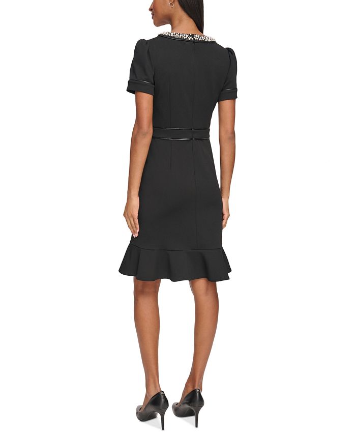 KARL LAGERFELD PARIS Women's Imitation-Pearl-Collar Flounce-Hem Dress ...