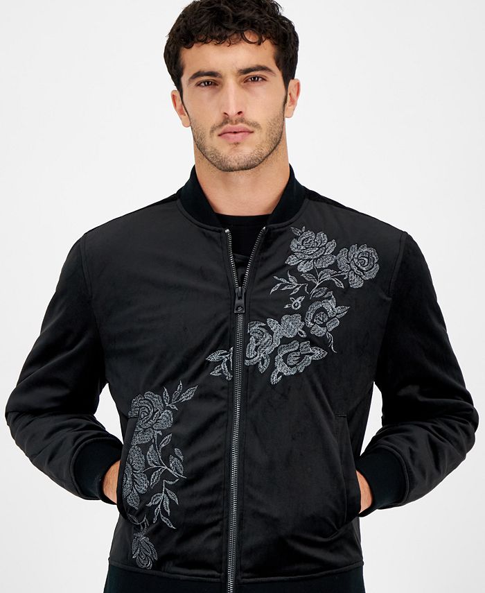 GUESS Men's Fulham Velvet Embroidered Zip-Front Bomber Jacket - Macy's