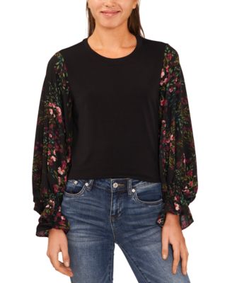 CeCe Women's Long-Sleeve Mixed Media Knit Top - Macy's