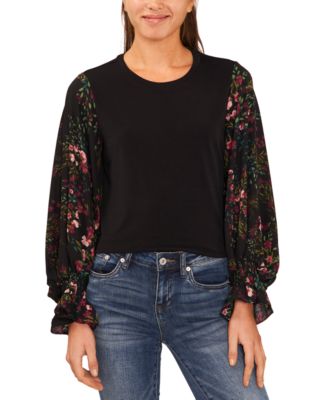 CeCe Women's Long-Sleeve Mixed Media Knit Top - Macy's