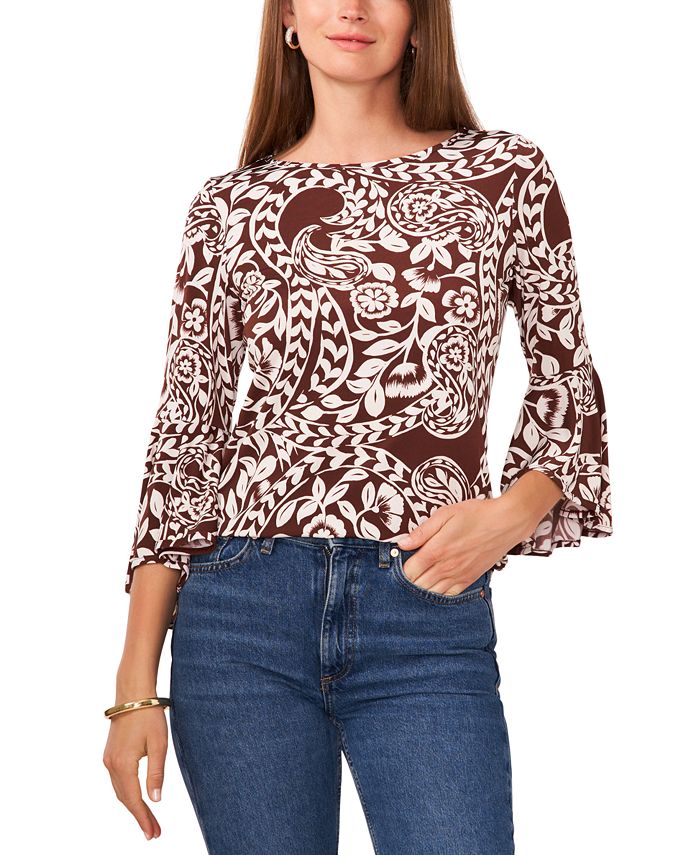 Sam & Jess Petite Contrast-Trim Bell-Sleeve Top - Macy's