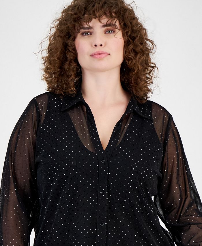 Bar III Plus Size Dewdrop Long-Sleeve Sheer Mesh Shirt, Created for Macy's - Macy's