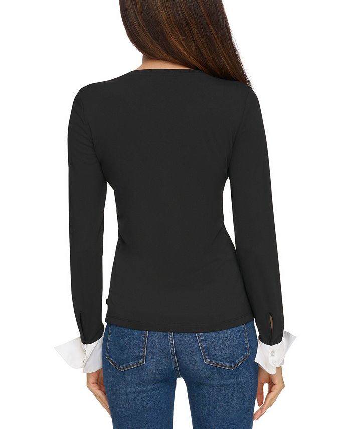 KARL LAGERFELD PARIS Women's Contrast-Cuff Long-Sleeve Top - Macy's