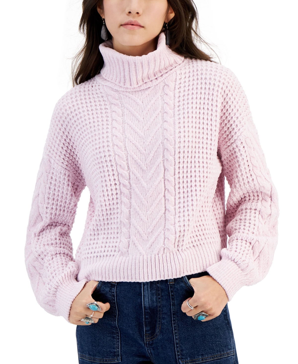 Hippie Rose Juniors' Turtleneck Cable-knit Sweater In Lilac Blush ...