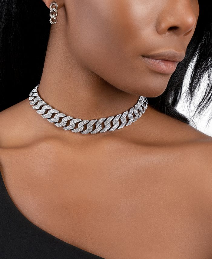 ADORNIA Silver-Tone Crystal Cuban Chain Choker Necklace, 12-1/2" + 3 ...