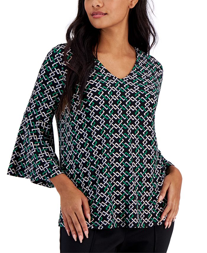AK Anne Klein Petite Printed V-Neck Bell-Sleeve Top - Macy's