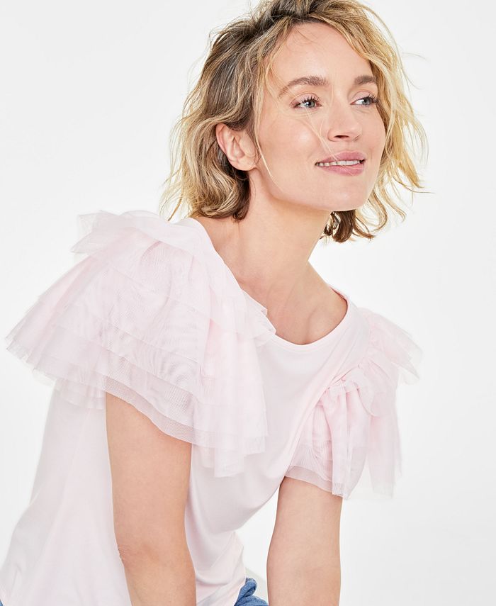 On 34th Women's Tulle Ruffle-Sleeve T-Shirt, Created for Macy's - Macy's