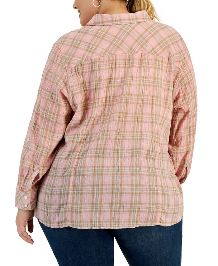 Tommy Hilfiger Plus Size Crinkle Plaid Roll-Tab Shirt - Macy's