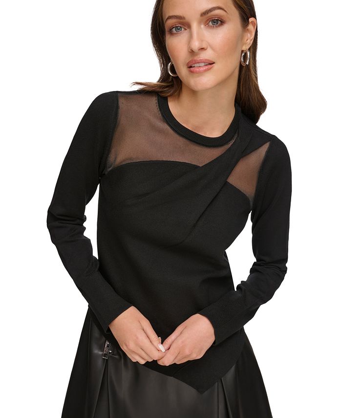 DKNY Women's Mesh-Inset Long-Sleeve Asymmetric-Hem Sweater - Macy's