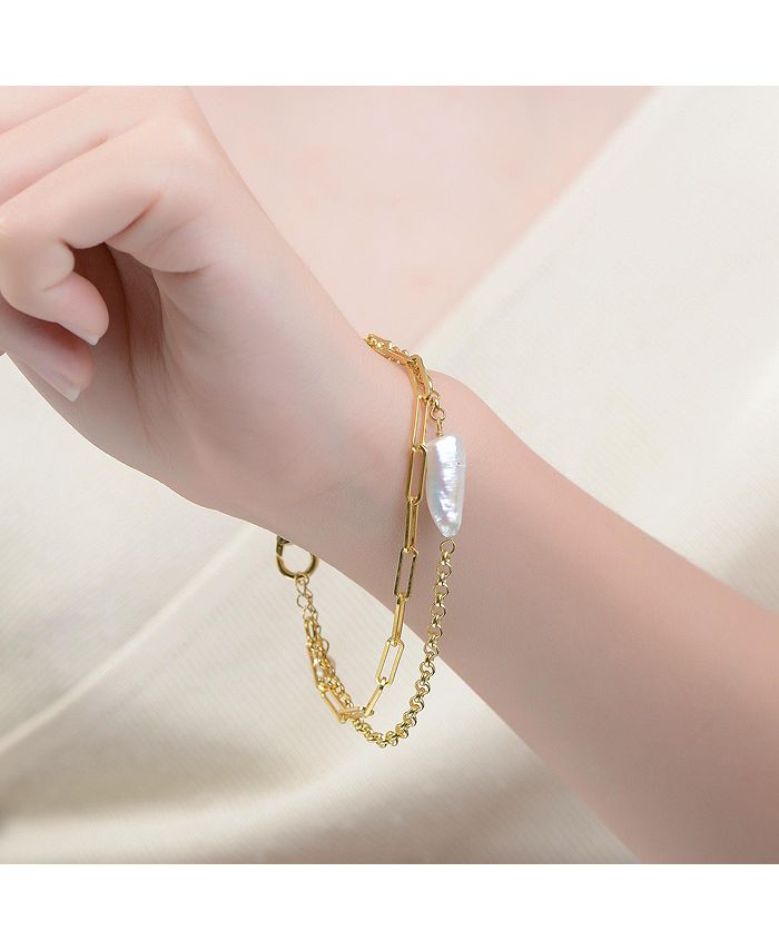 Genevive 14k Yellow Gold Plated with Free-Form Genuine Freshwater Pearl ...