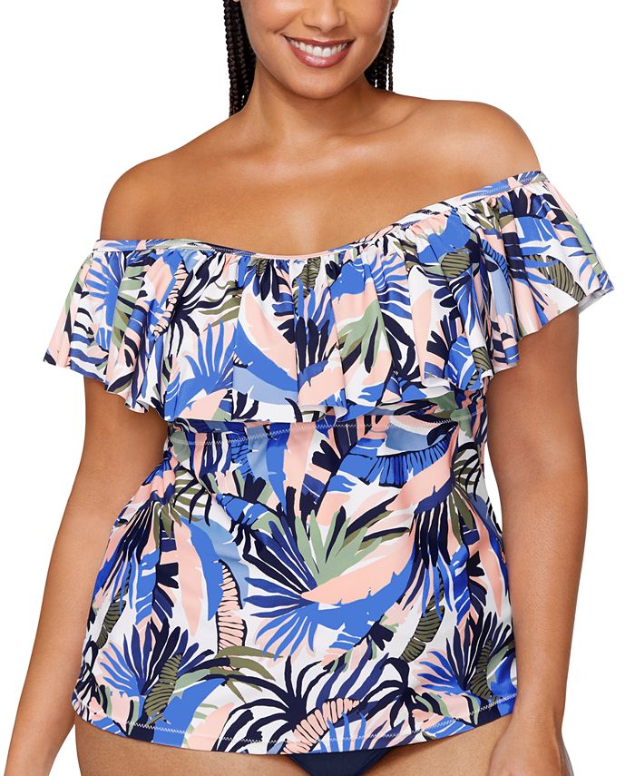 Raisins Curve Trendy Plus Size Tortuga Ruffled Off-The-Shoulder Tankini ...