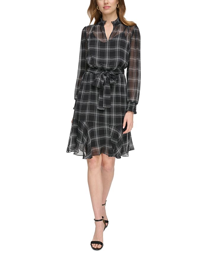 Tommy Hilfiger Women's Check Long-Sleeve Flounce-Hem Dress - Macy's