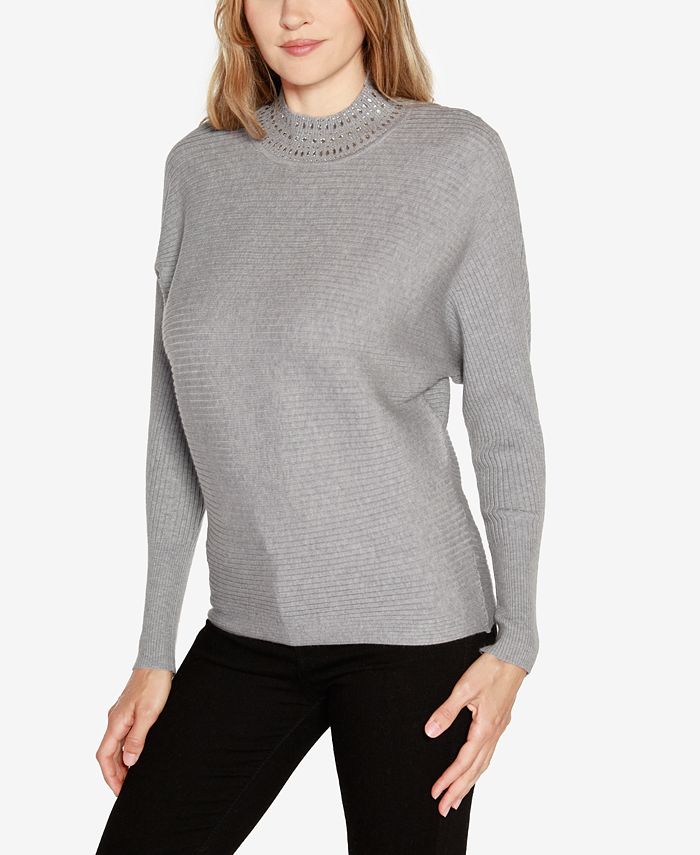 Belldini Women's Embellished Neck Ribbed Dolman Sweater - Macy's