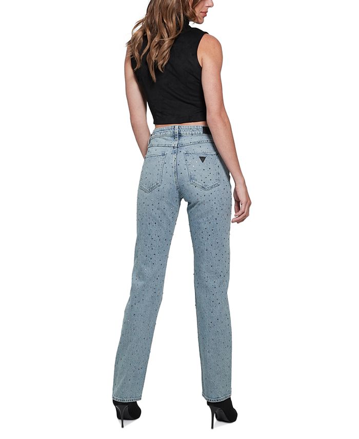 GUESS Women's Rhinestone-Embellished Straight-Leg Denim Jeans - Macy's