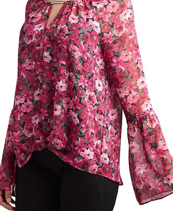 BCX Juniors' Twisted Keyhole Floral Bell-Sleeve Top - Macy's