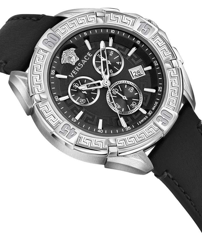 Versace Men's Swiss Chronograph V-Greca Black Leather Strap Watch 46mm ...