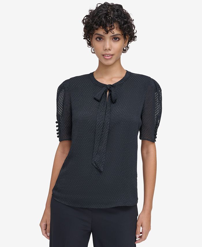 Calvin Klein Petite Textured Tie-Neck Clip-Dot Blouse - Macy's