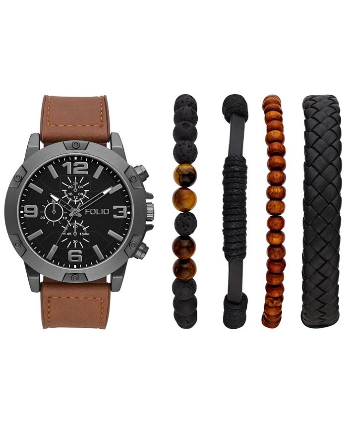Folio Men's Quartz Three Hand Brown Polyurethane Watch 49mm, Gift Set ...