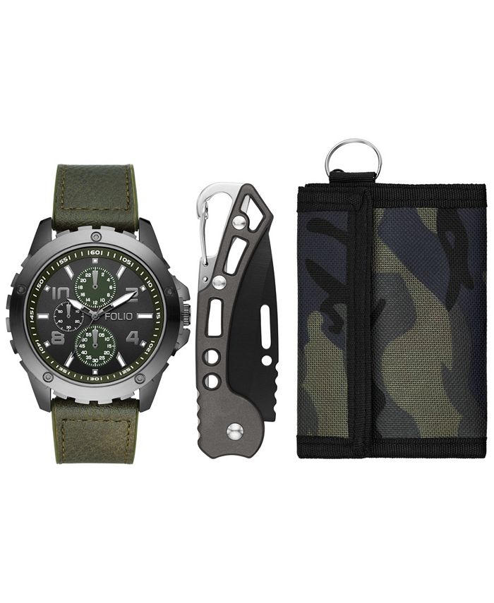 Folio Men's Quartz Three Hand Green Polyurethane Watch 50mm, Gift Set ...