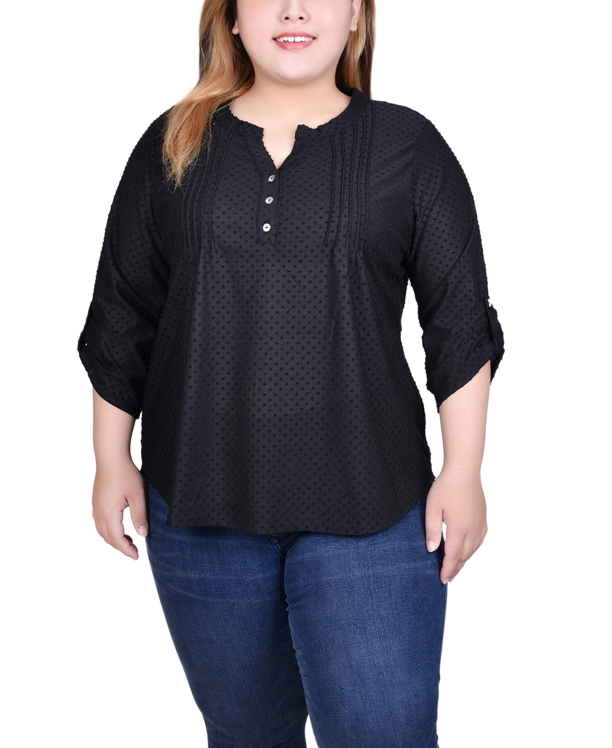 Click here for Ny Collection Plus Size 3/4 Sleeve Roll Tab Y Neck... prices