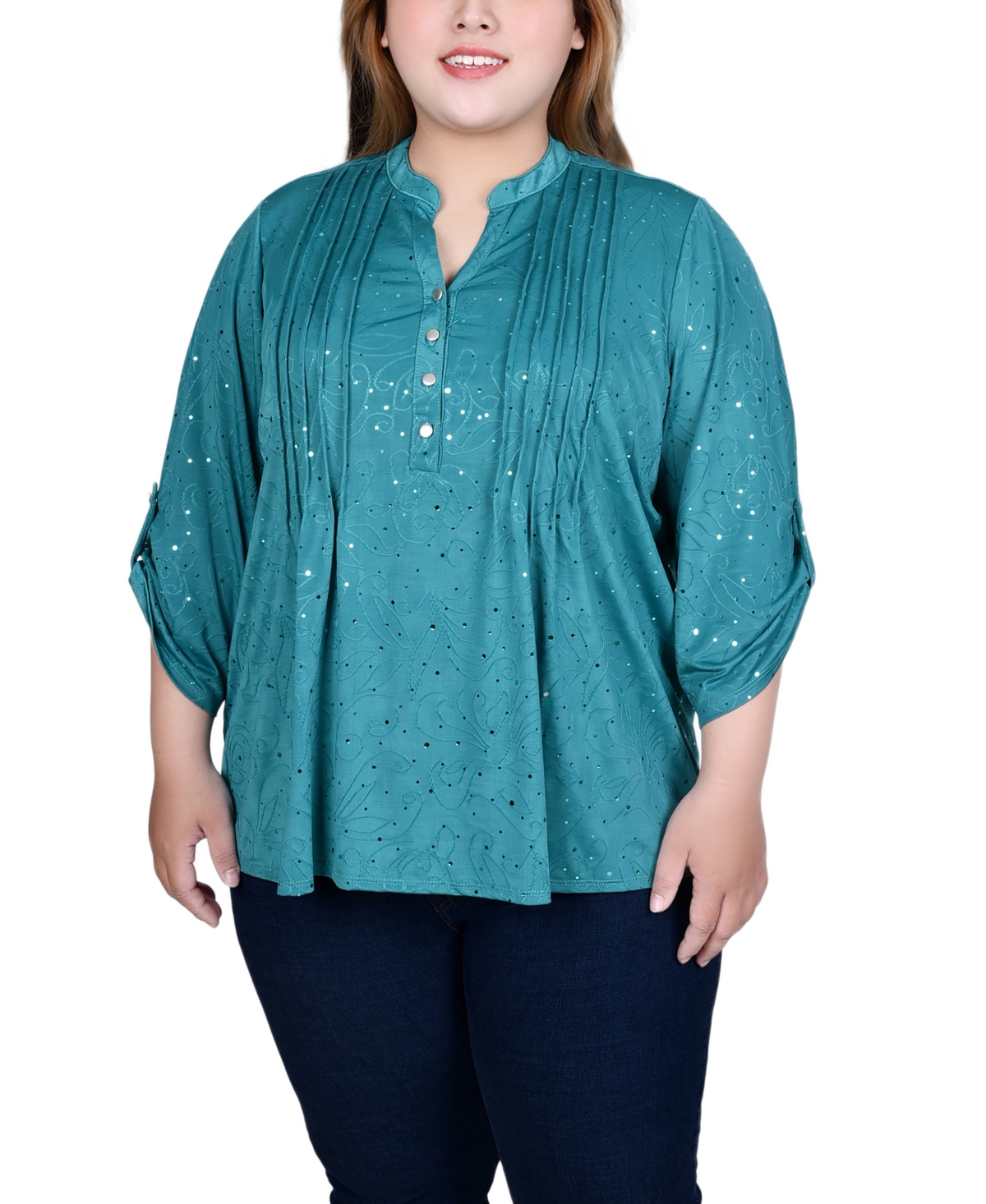 Click here for Ny Collection Plus Size 3/4 Sleeve Roll Tab Y Neck... prices