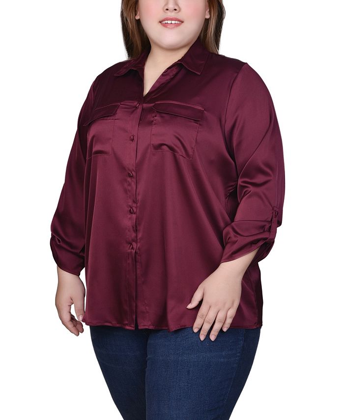 NY Collection Plus Size 3/4 Sleeve Roll Tab Satin Blouse - Macy's