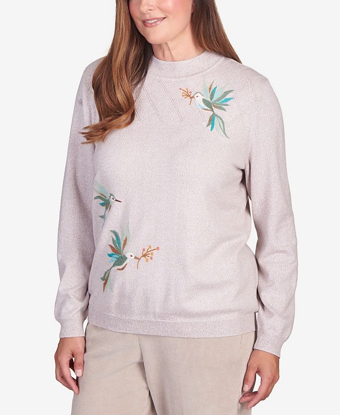 Alfred Dunner Women's St.Moritz Hummingbird Pointelle Yoke Mock Neck Sweater - Macy's