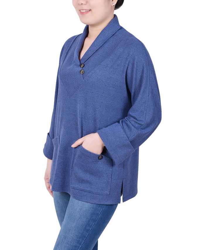 NY Collection Women's Long Sleeve Shawl Collar Top with Pockets - Macy's