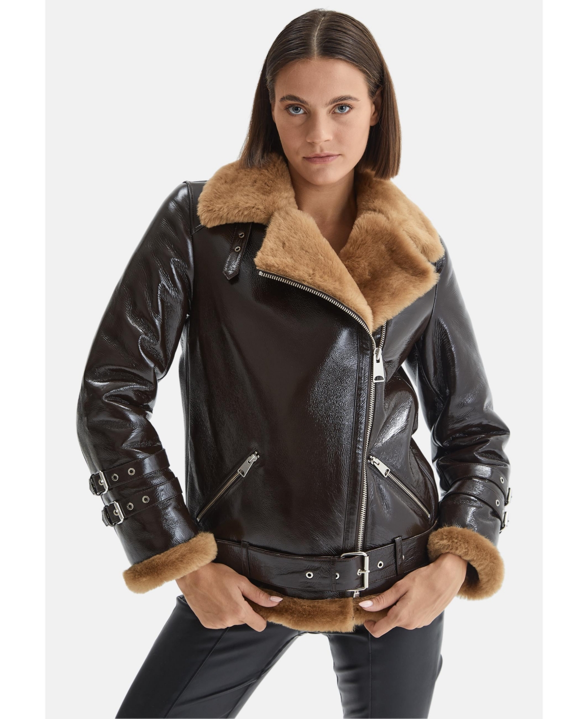 Click here for Furniq Uk Womens Shearling Belted Biker Jacket  Ru... prices