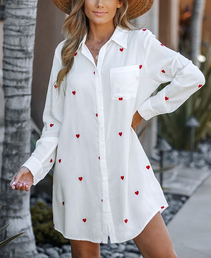 CUPSHE Women's Heart Print Button Down Cover Up Shirt Dress - Macy's