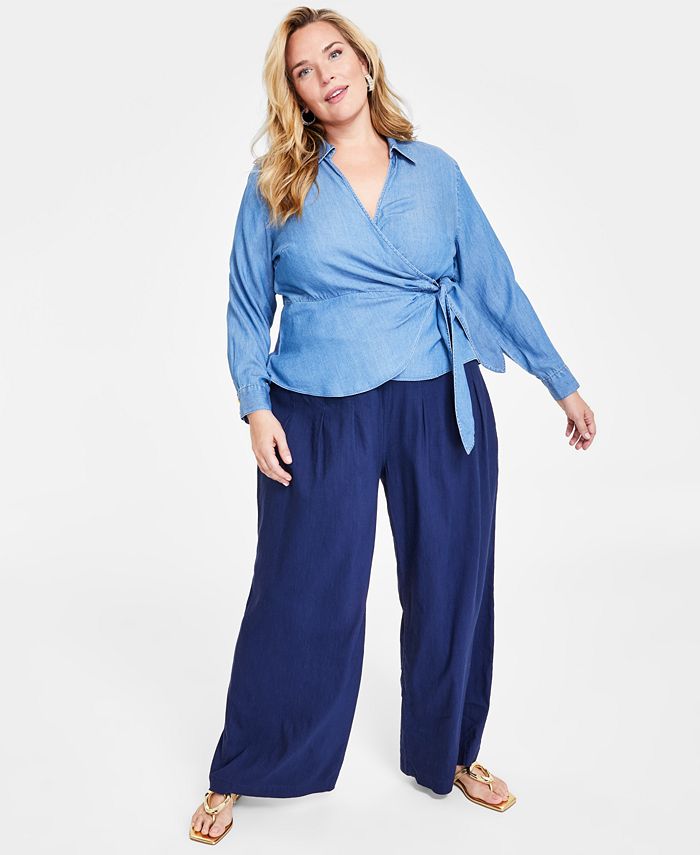 I.N.C. International Concepts Plus Size Denim Wrap Top, Created for ...