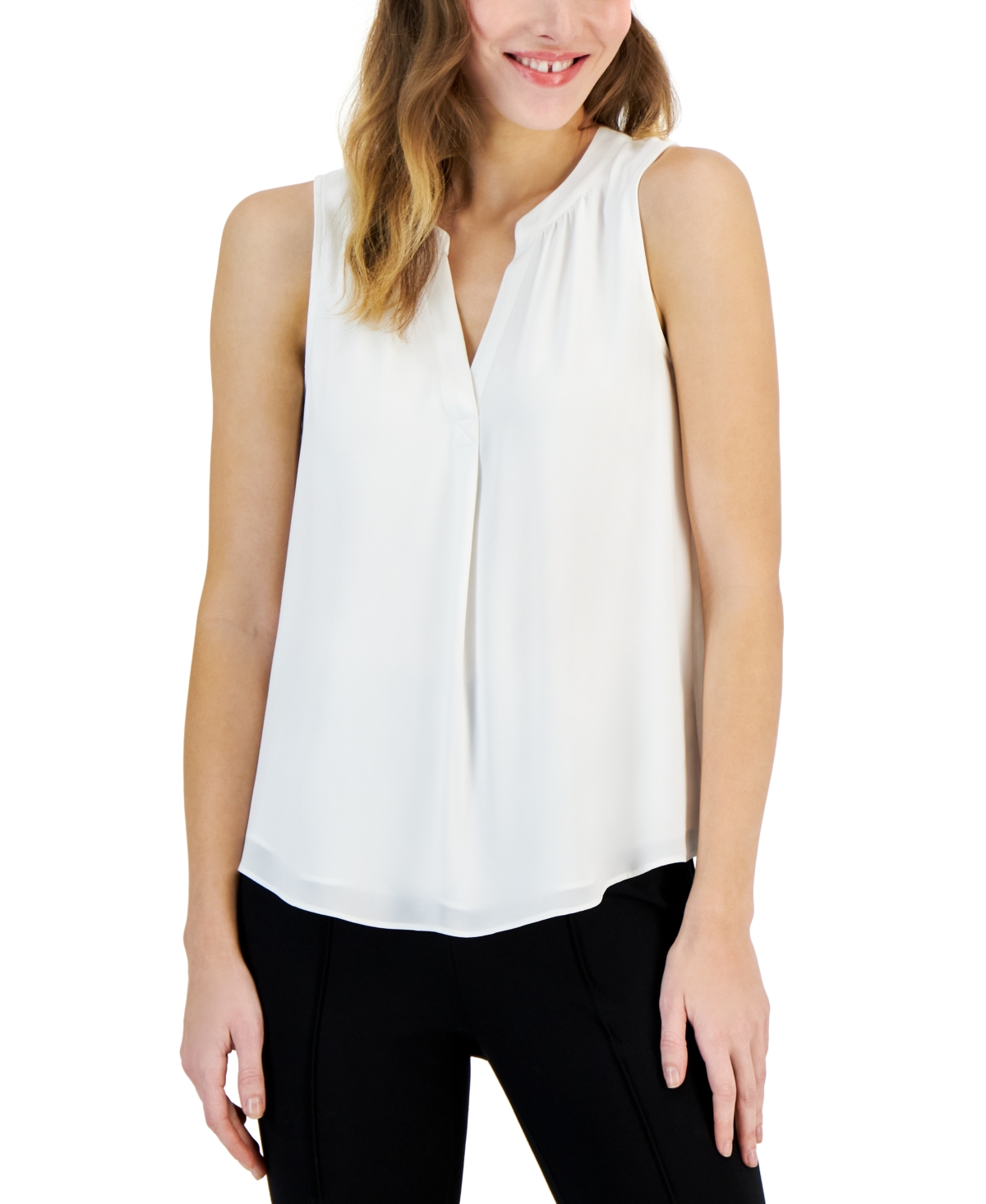 Click here for T Tahari Womens Split-Neck Sleeveless Top - White... prices