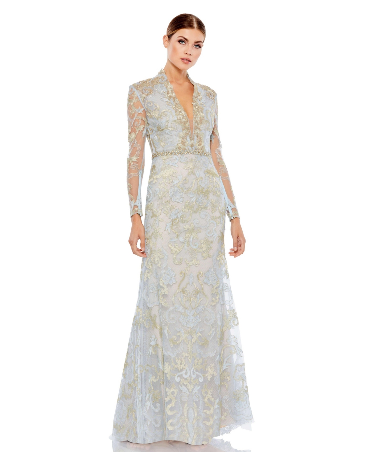 Click here for Womens Long Sleeve Applique V-Neck Gown - Powder b... prices