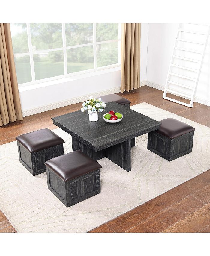 Simplie Fun Coffee Table with 4 Storage Stools, Space Saving Living ...