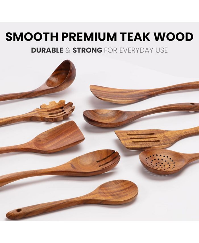Zulay Kitchen 9-Piece Teak Wooden Utensils for Cooking with Premium ...