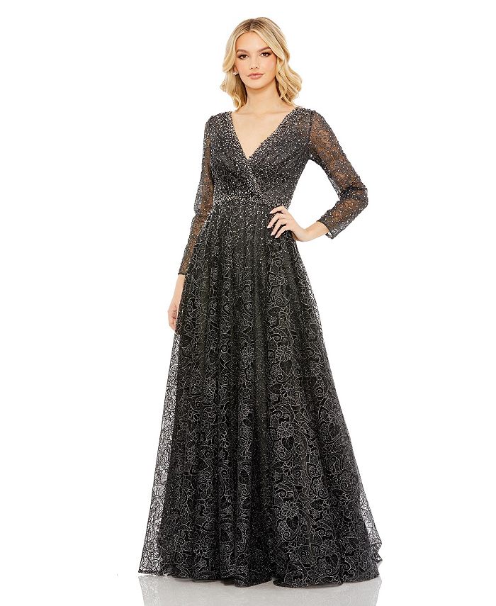Mac Duggal Women's Embellished Illusion Long Sleeve V Neck Gown - Macy's