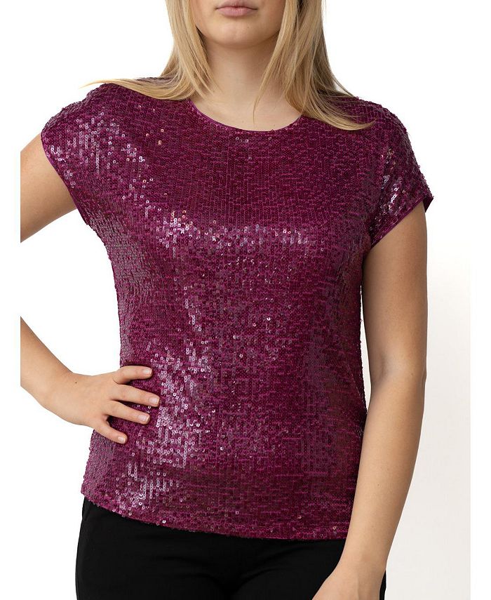 Cable & Gauge Women's Crew Neck Sequin T-Shirt - Macy's