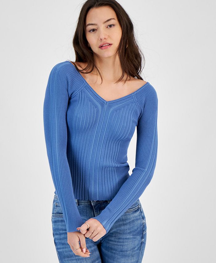 GUESS Women's Allie V-Neck Ribbed Sweater - Macy's